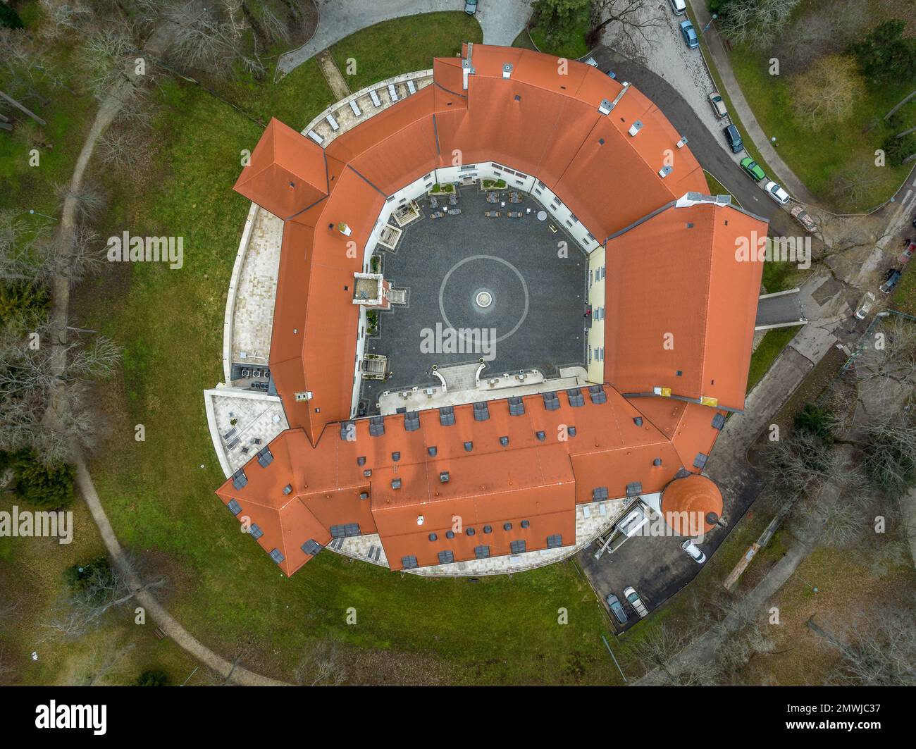 Aerial view of Pezinok (Bazin) medieval castle with restored red roof ...