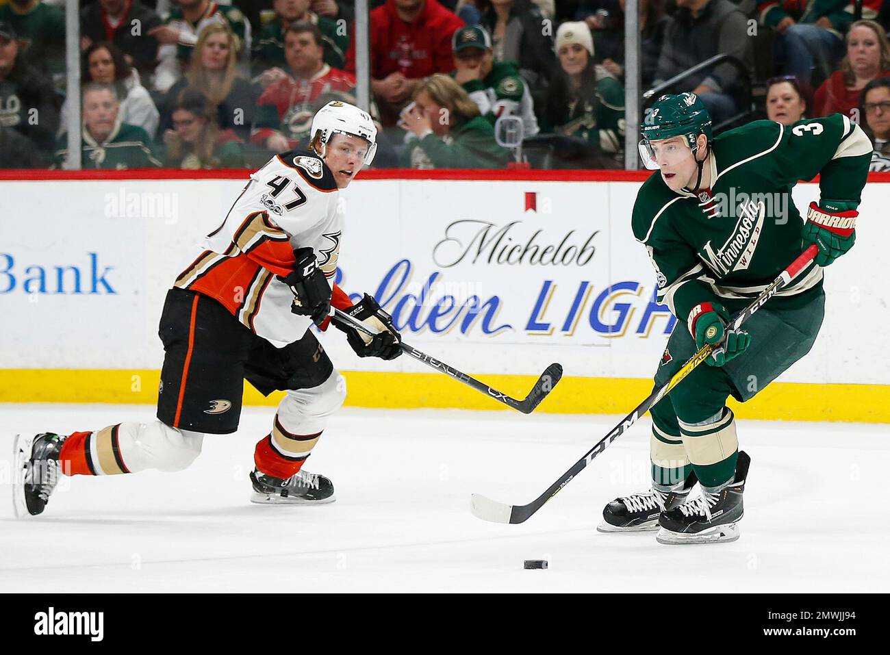 Minnesota Wild's Charlie Coyle controls the pucks against Anaheim Ducks ...