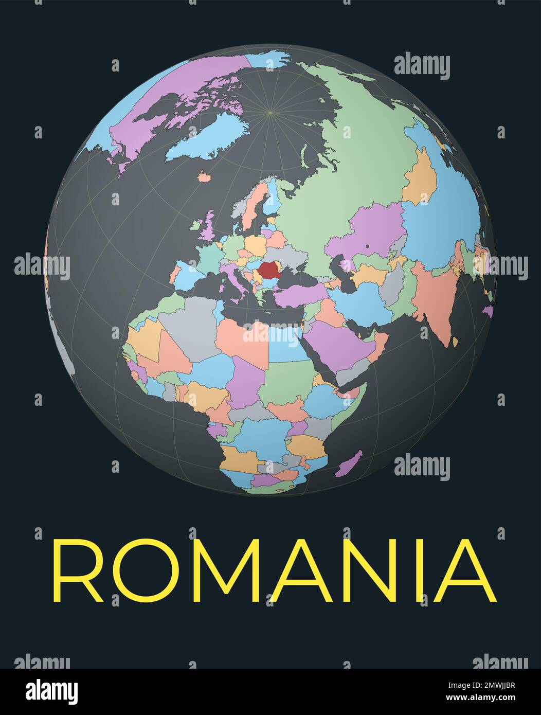 World map centered on Romania. Red country highlighted. Satellite world ...