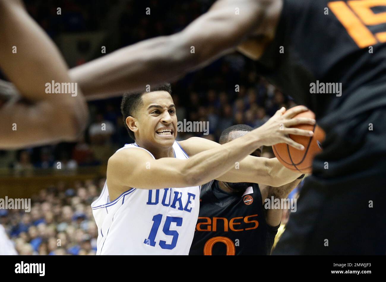 Duke's Frank Jackson (15) drives to the basket against Miami during the ...