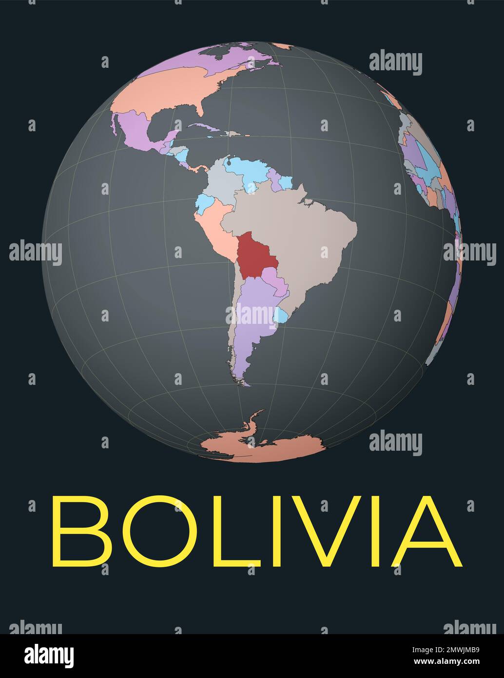 World map centered on Bolivia. Red country highlighted. Satellite world ...