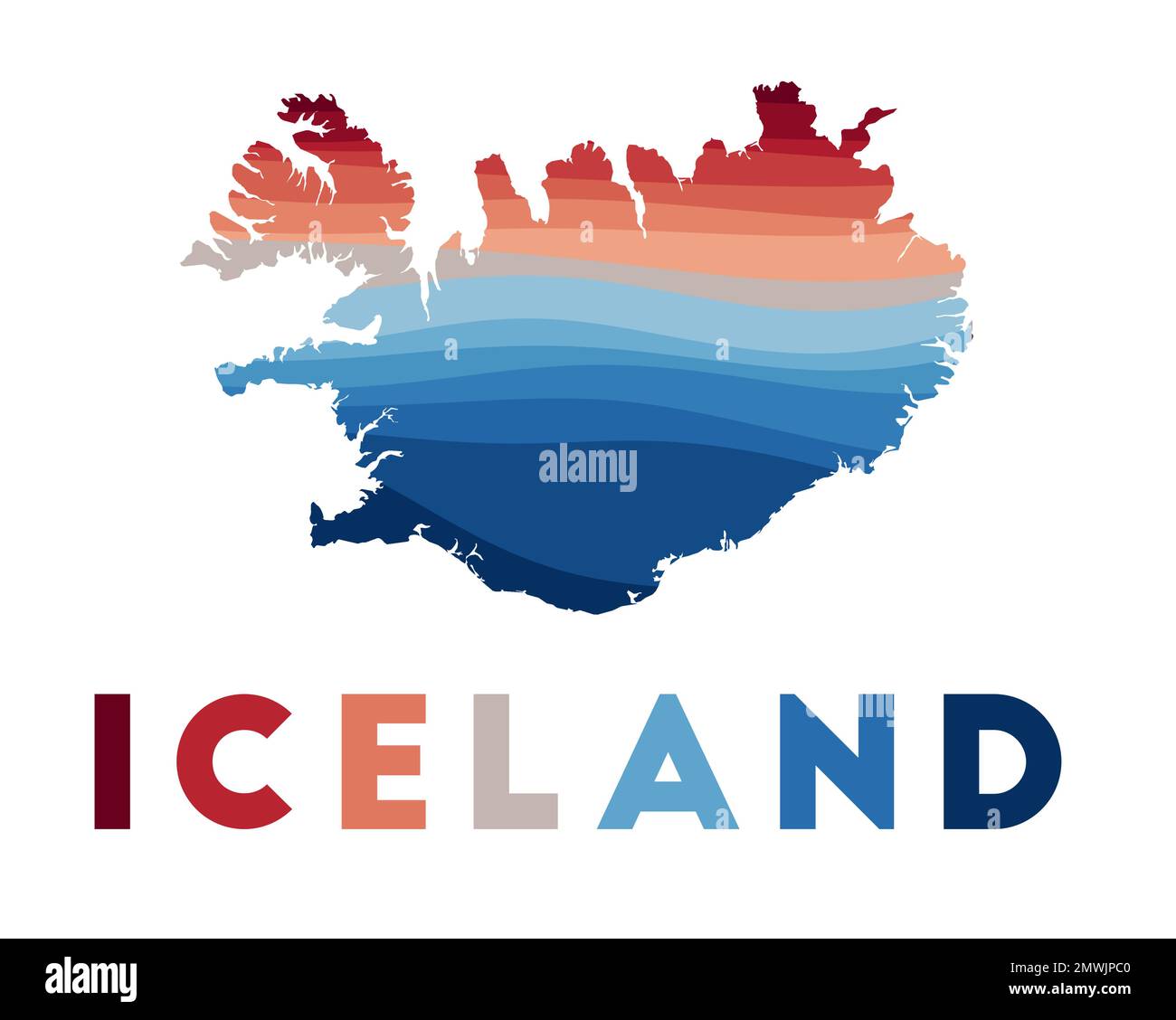 Iceland map. Map of the country with beautiful geometric waves in red ...