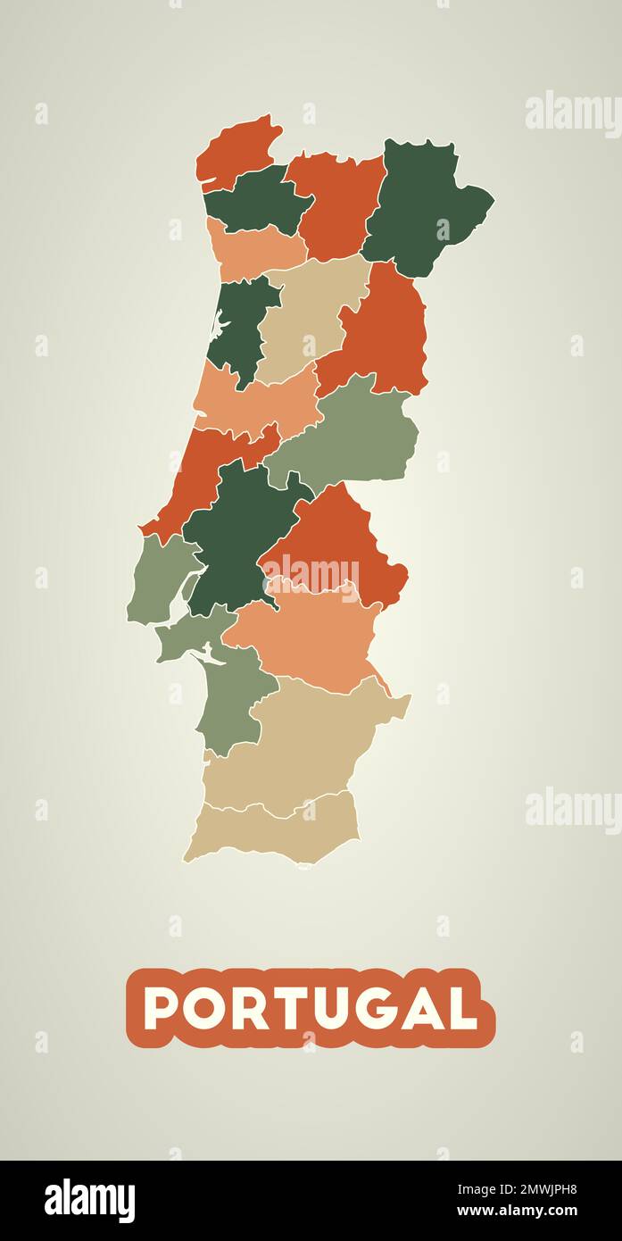 Portugal poster in retro style. Map of the country with regions in ...