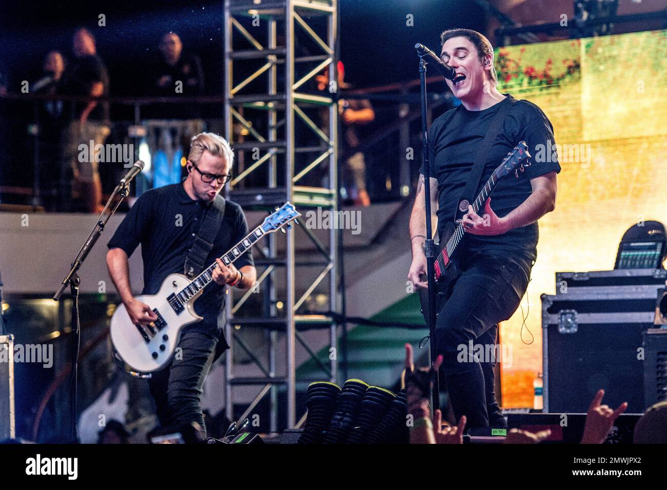 Keith Wallen, left, and Benjamin Burnley of Breaking Benjamin performs ...