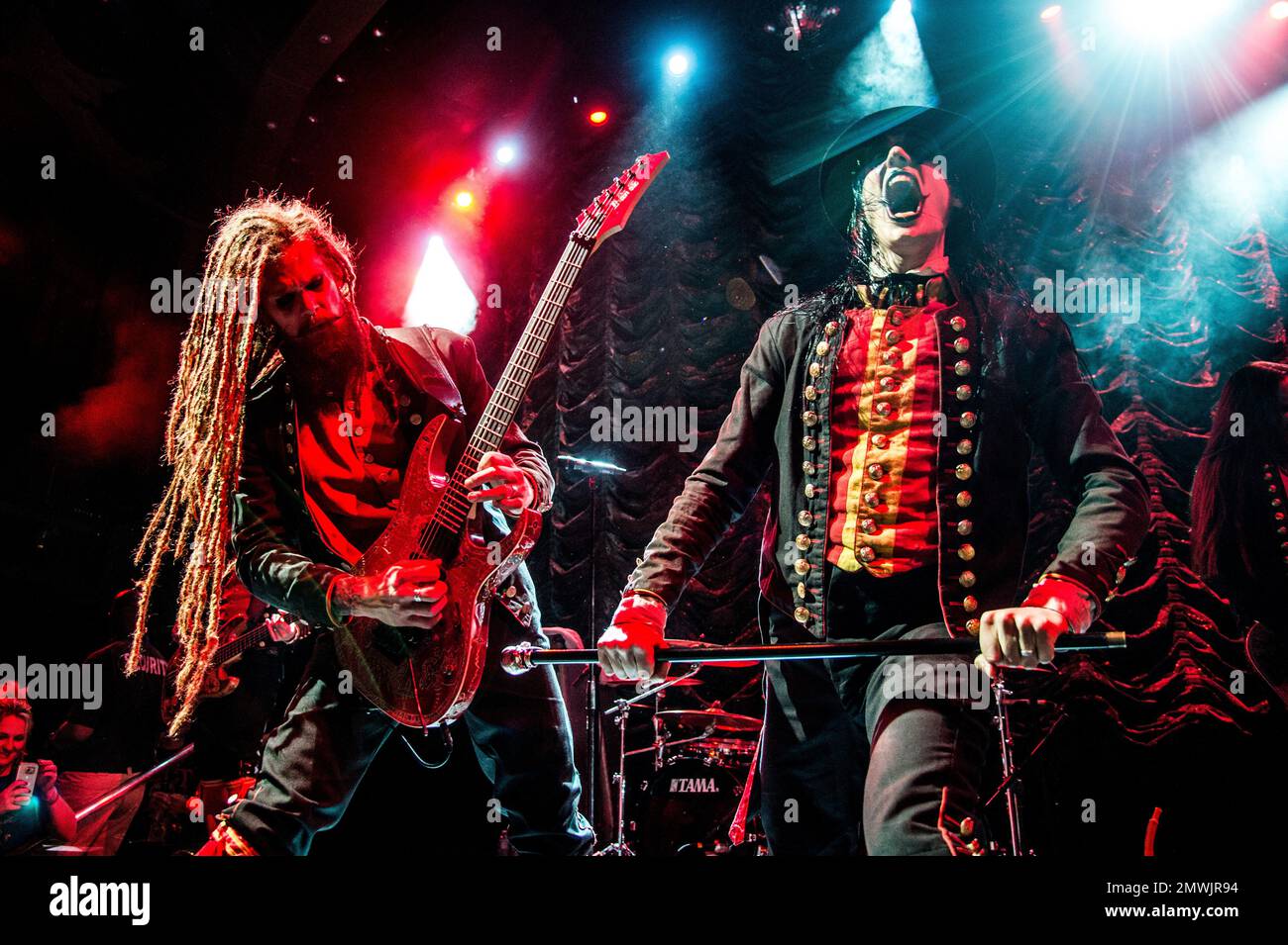 Tim Ohrstrom, left, and Johannes Eckerstrom of Avatar perform on board ...