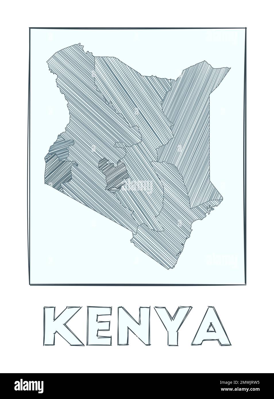 Sketch map of Kenya. Grayscale hand-drawn map of the country. Filled ...