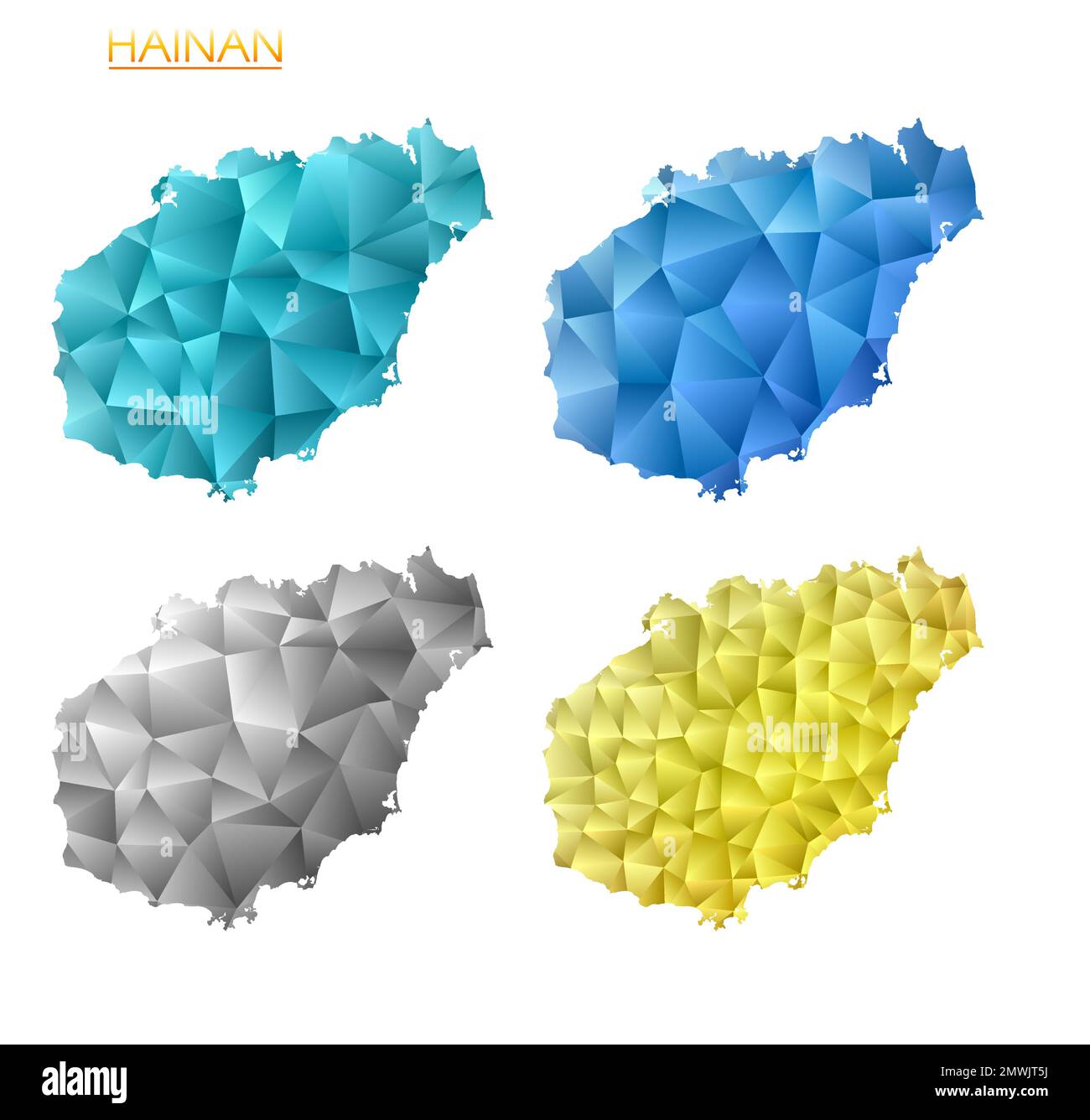 Set of vector polygonal maps of Hainan. Bright gradient map of island ...