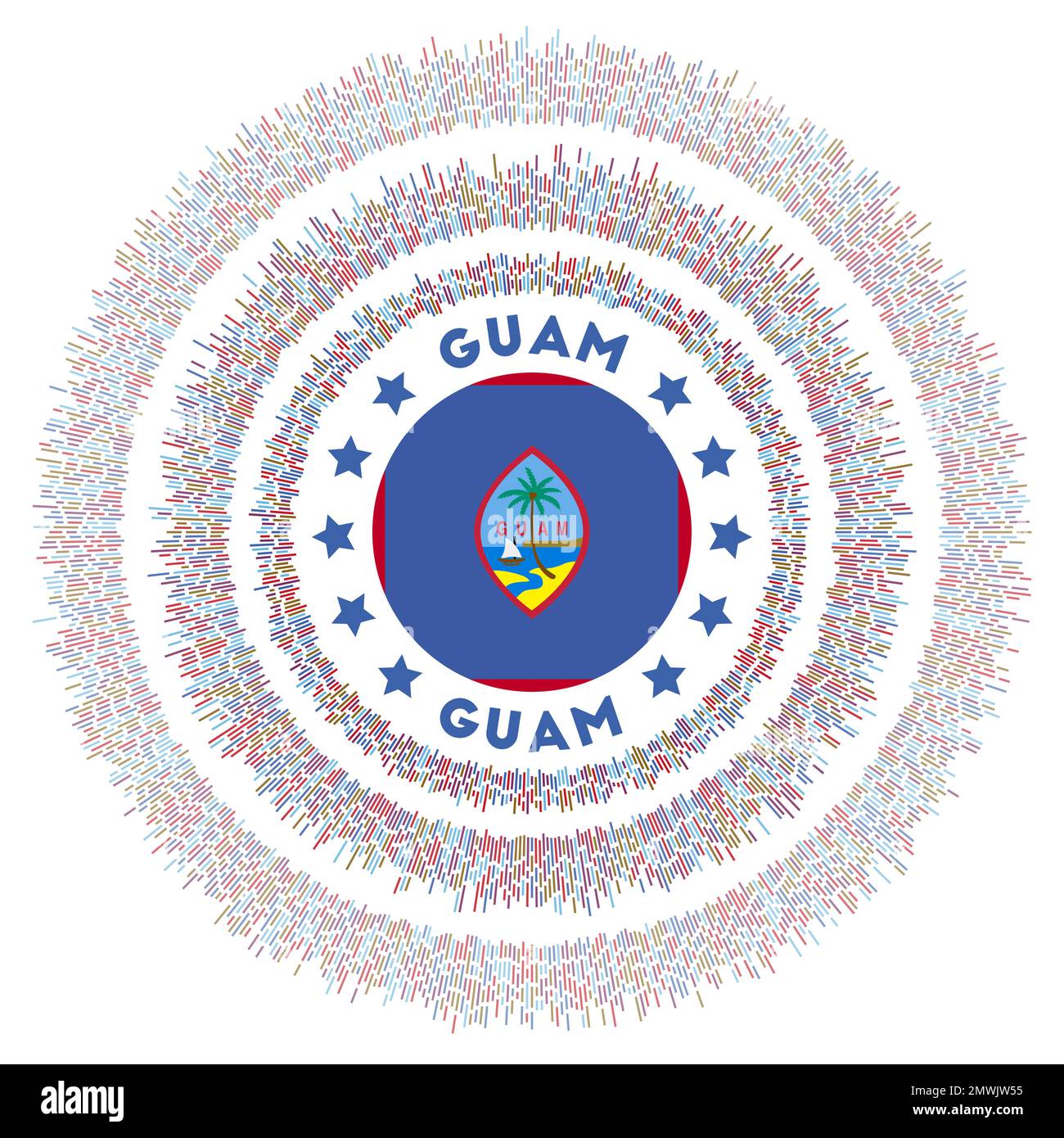 Guam symbol. Radiant country flag with colorful rays. Shiny sunburst ...