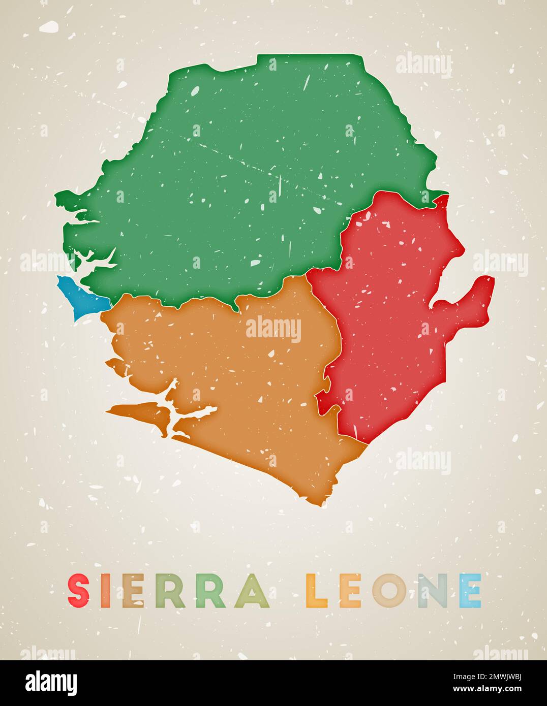 Sierra Leone map. Country poster with colored regions. Old grunge ...