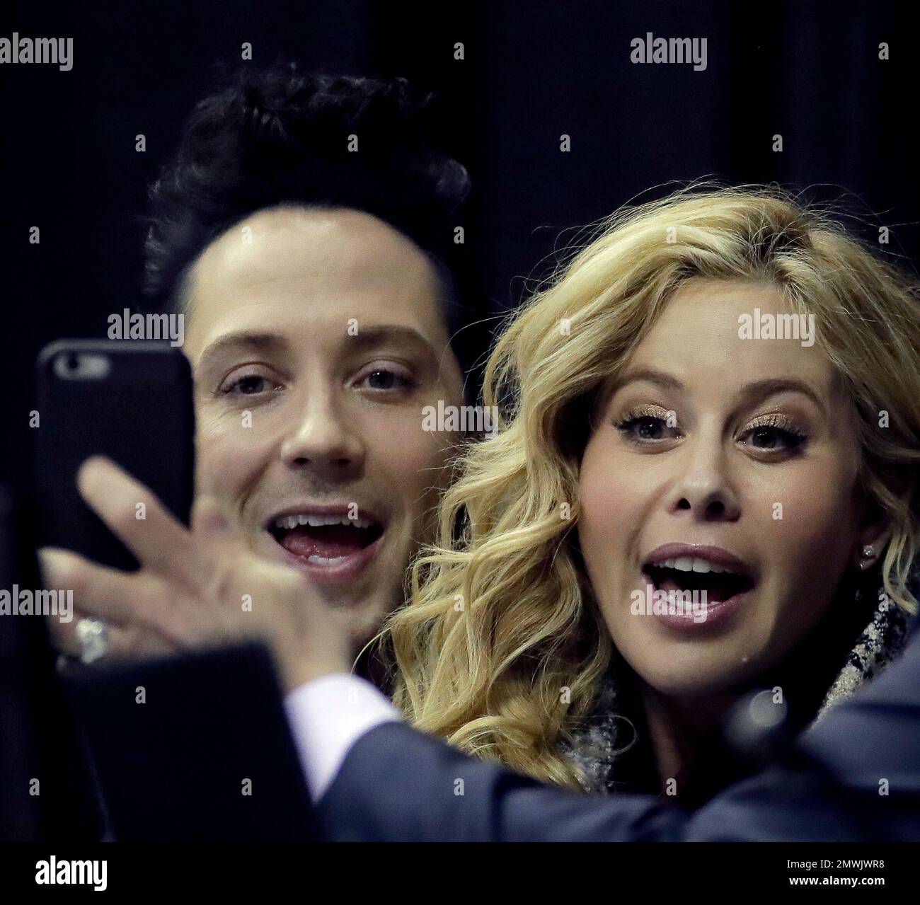 Johnny Weir and Tara Lipinski pose for a photo while working the broadcast at the U.S. Figure ...