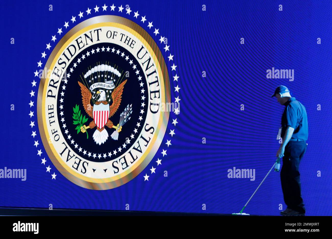 Crews prepare the main stage for the Freedom Ball at the Washington ...