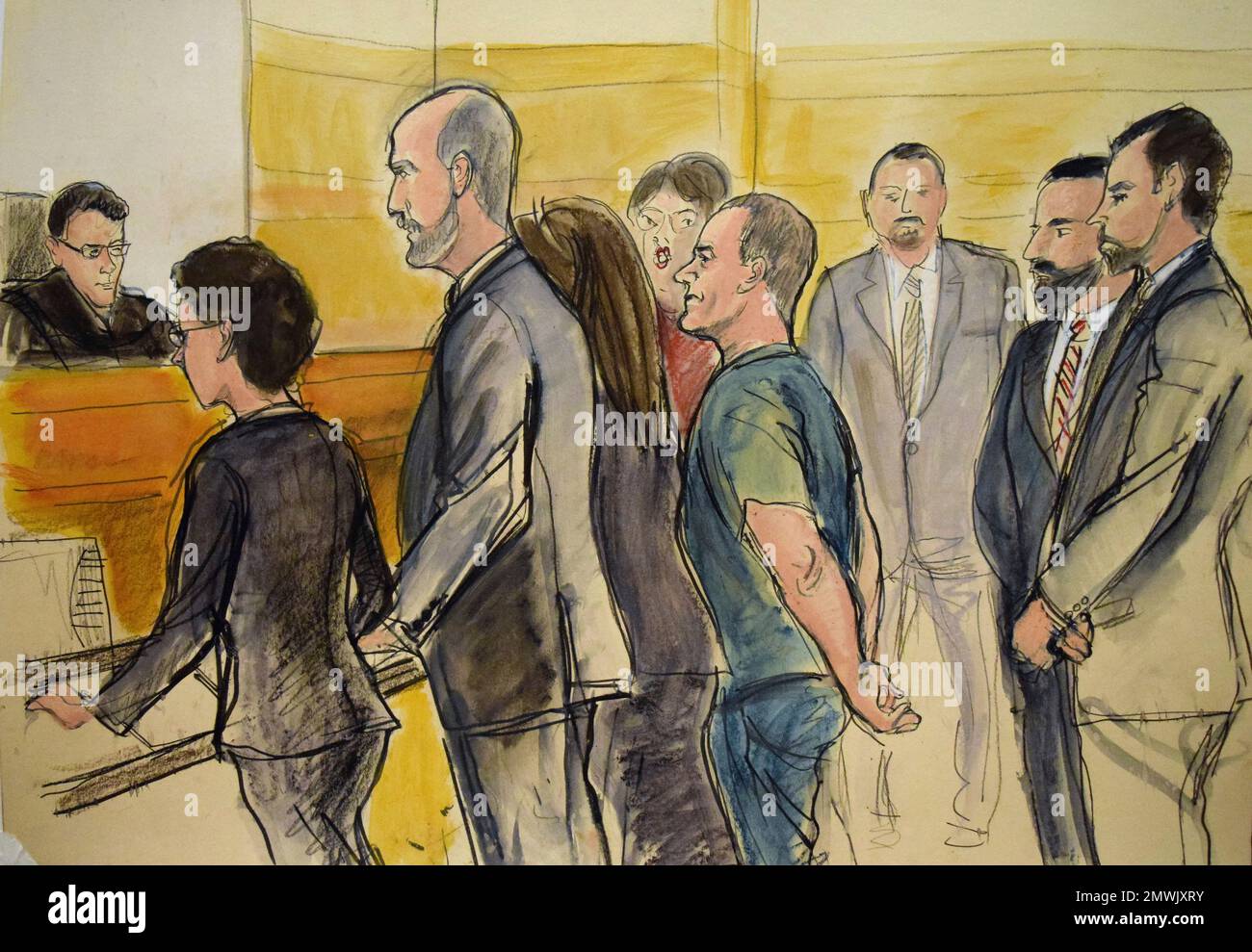 In this courtroom drawing, Joaquin "El Chapo" Guzman, center, appears ...