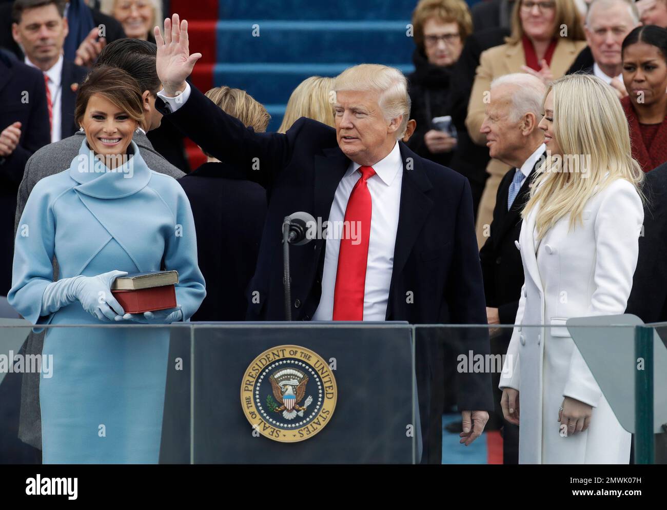 President Donald Trump waves after being sworn in as the 45th president ...