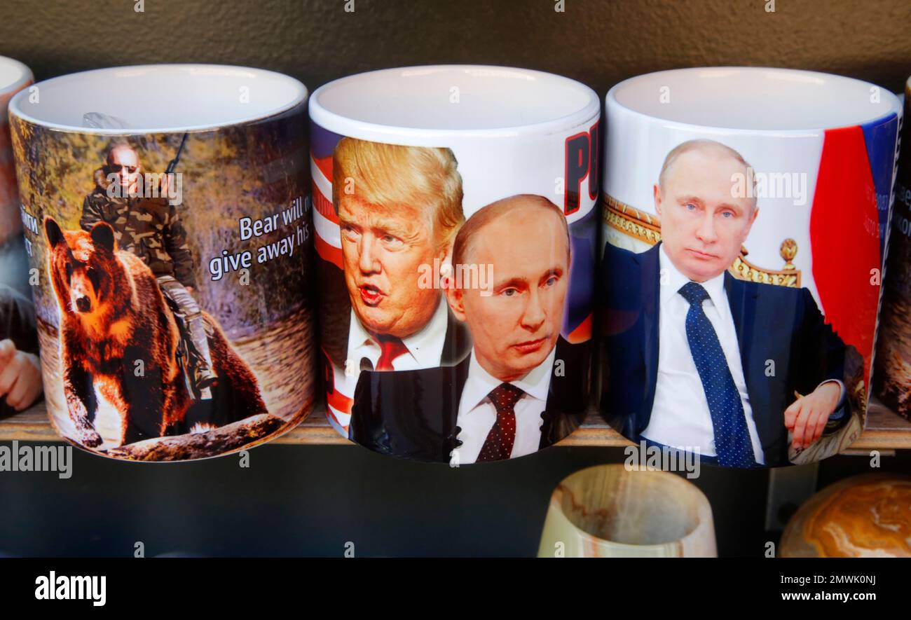 Cups depicting Russian President Vladimir Putin and President-elect ...
