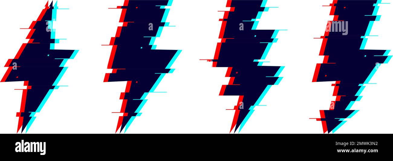 Glitch distorted lightnings set. Thunderbolts with TV or vhs noise ...