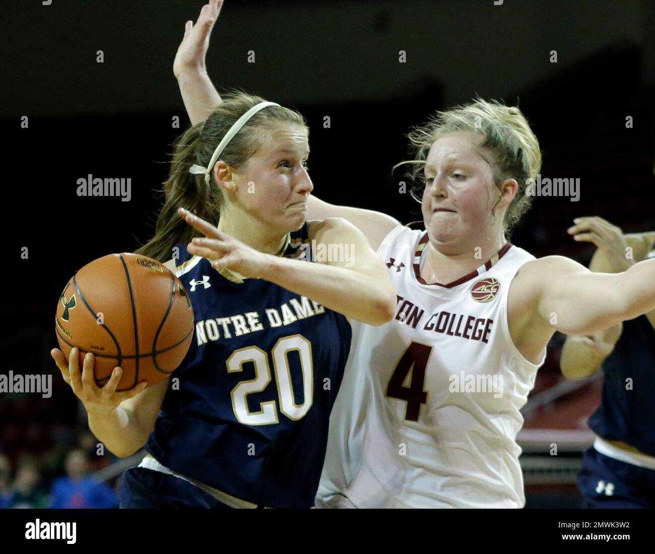 Notre Dame guard Ali Patberg (20) drives against Boston College guard ...