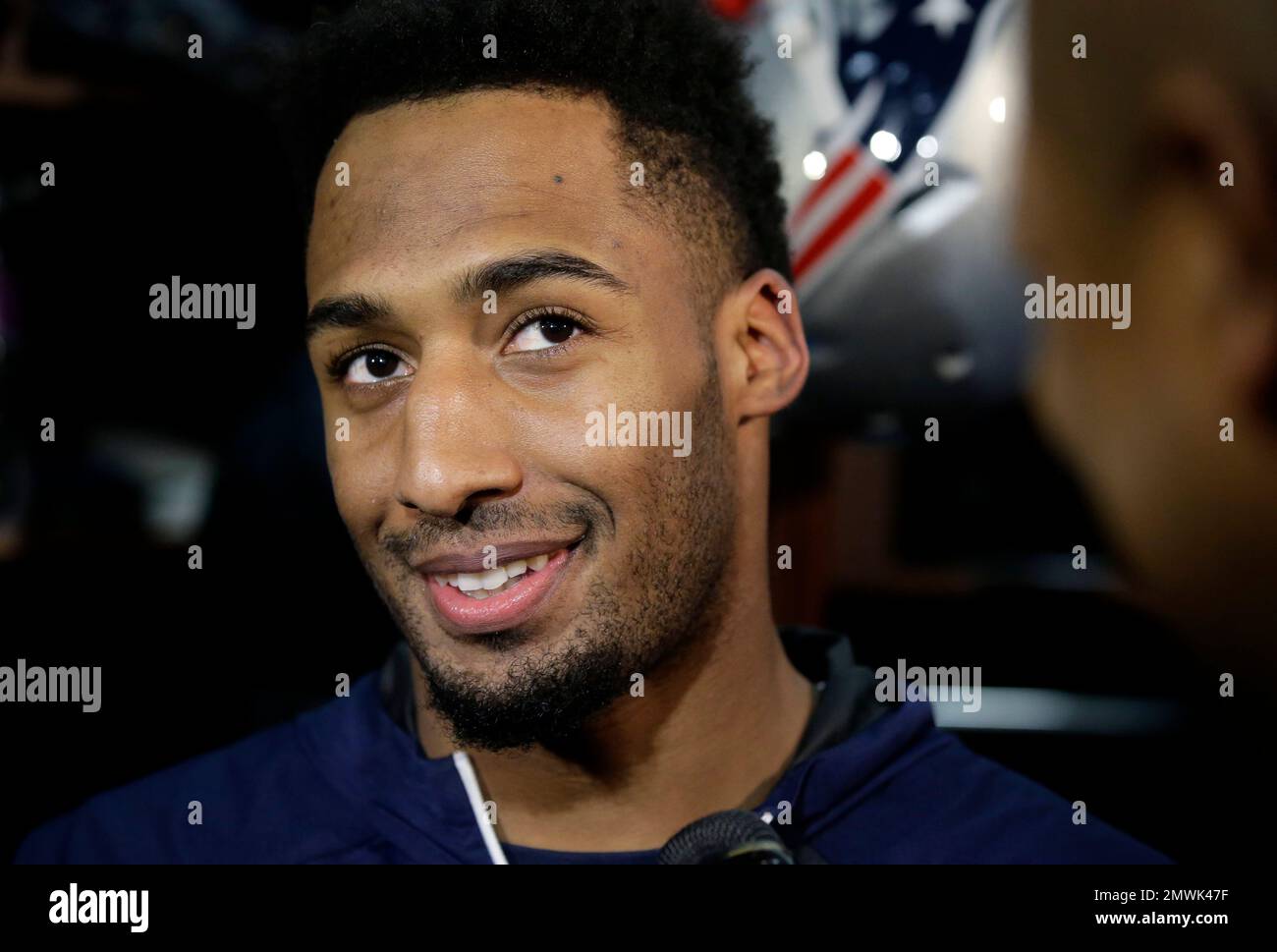 New England Patriots cornerback Logan Ryan speaks with reporters in the ...