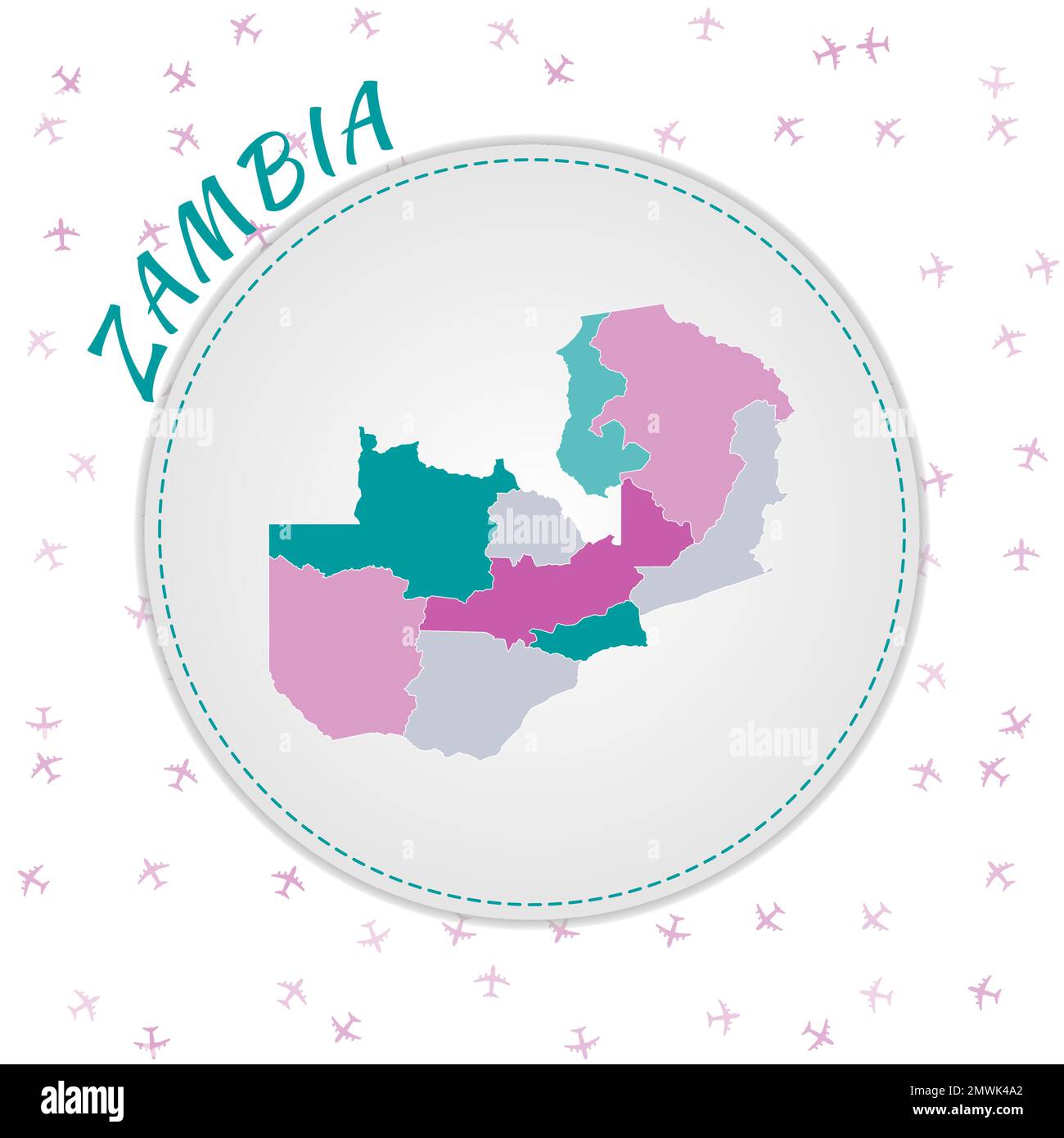 Zambia map design. Map of the country with regions in emerald-amethyst ...