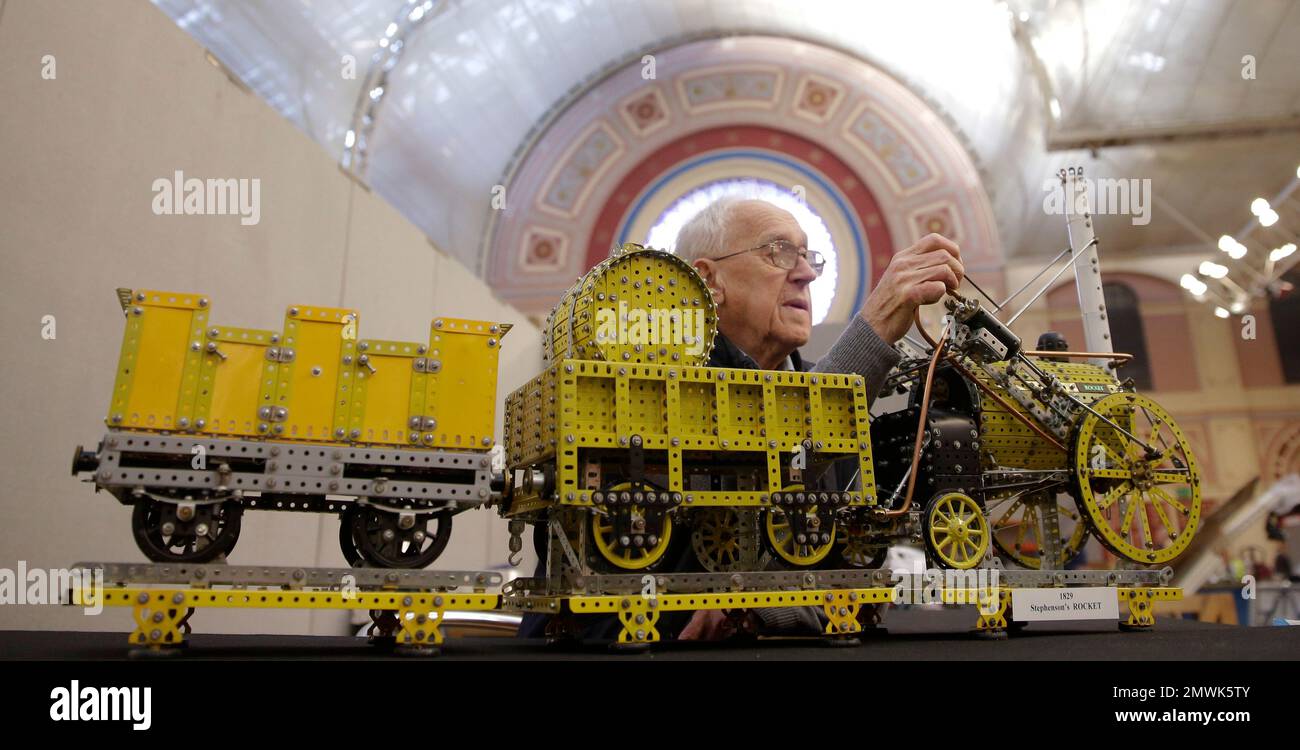 Colin Davies adjusts his meccano model of Robert Stephenson's 1829 ...
