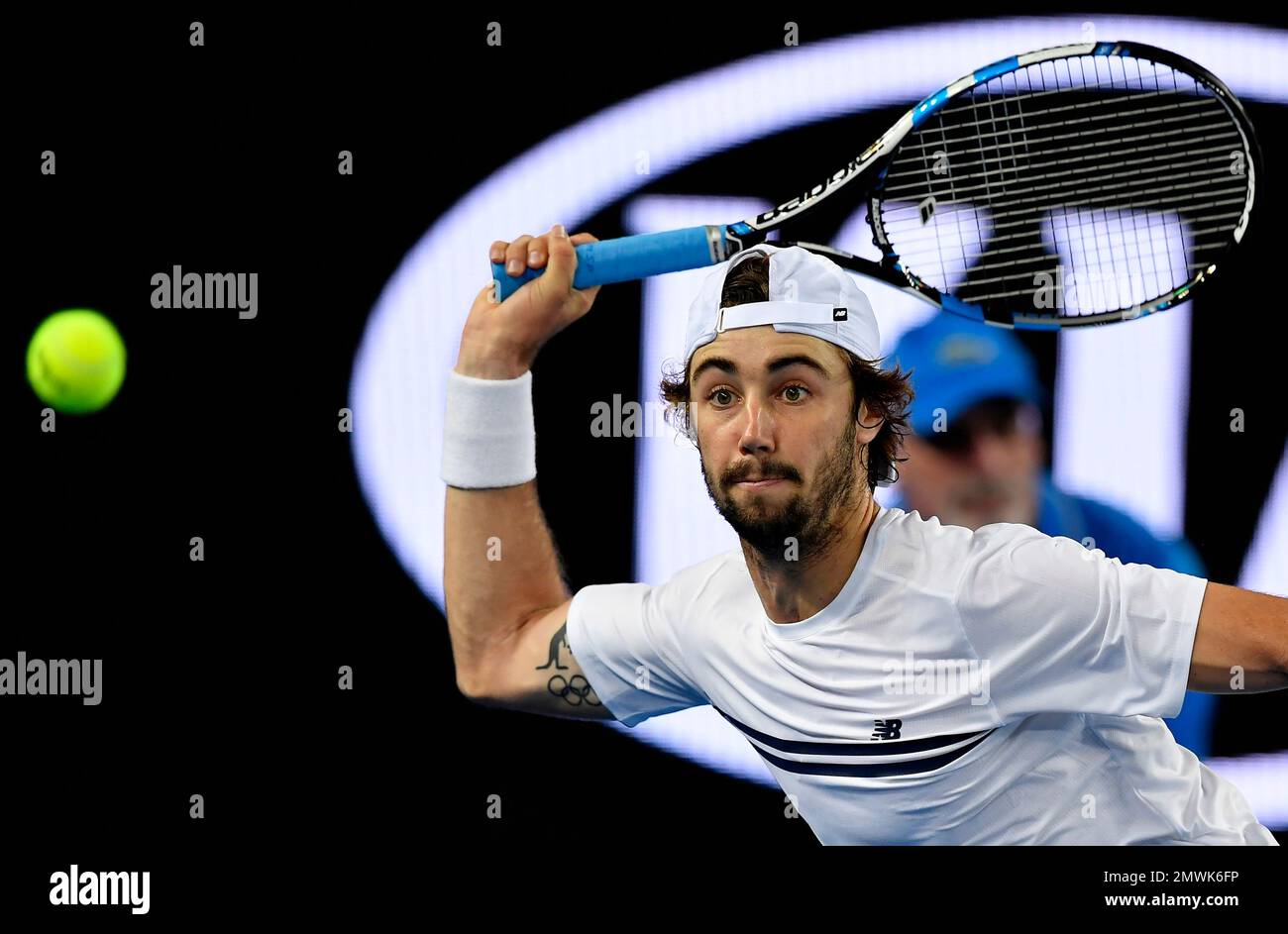 Australia's Jordan Thompson hits a forehand return to Austria's Dominic ...