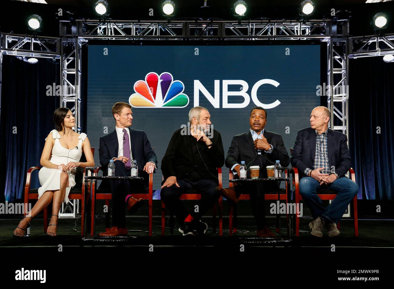 Monica Barbaro, from left, Philip Winchester, Dick Wolf, Carl Weathers ...