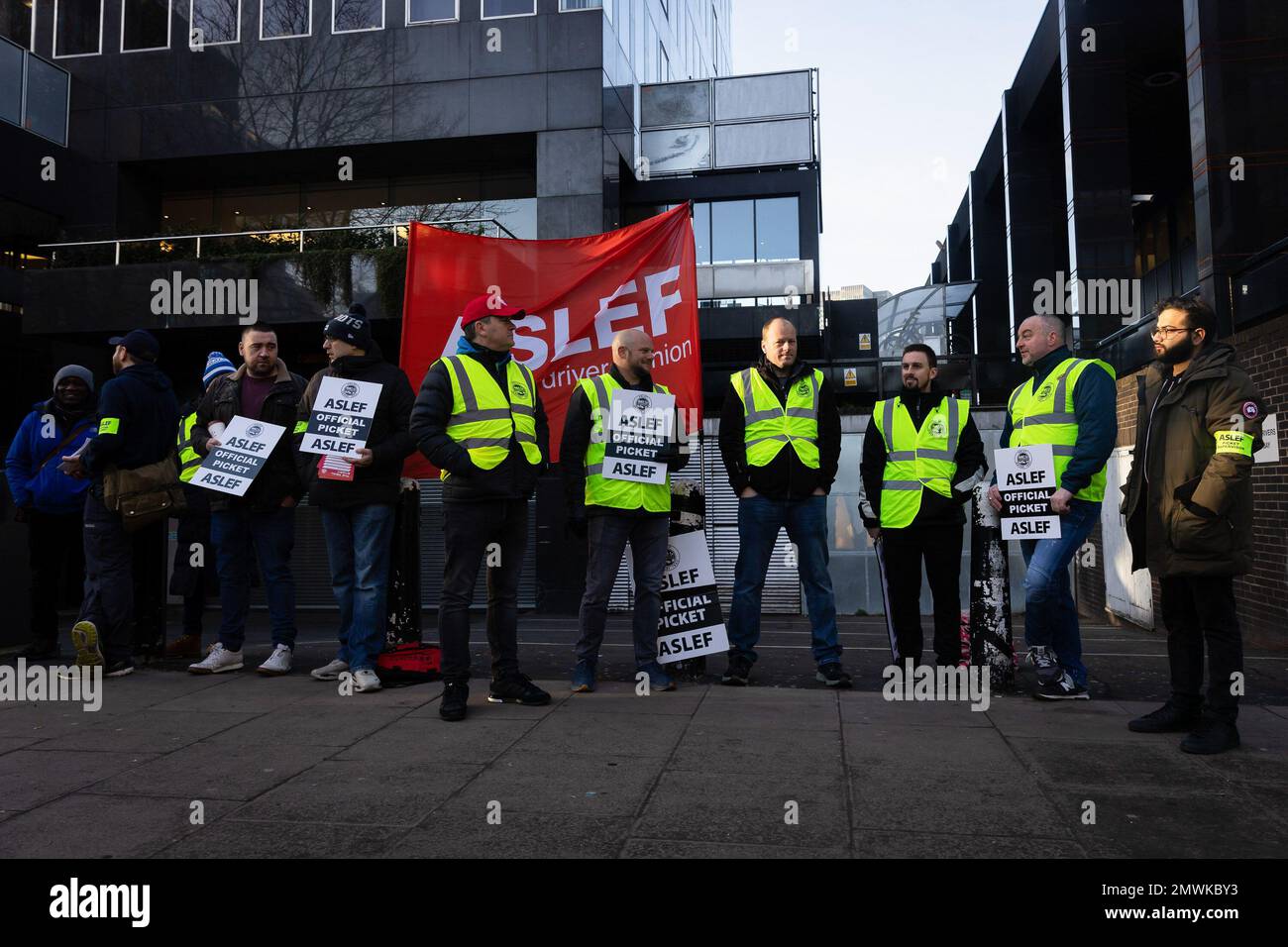 London, UK. 01st Feb, 2023. Members of ASLEF are seen on a picket line ...
