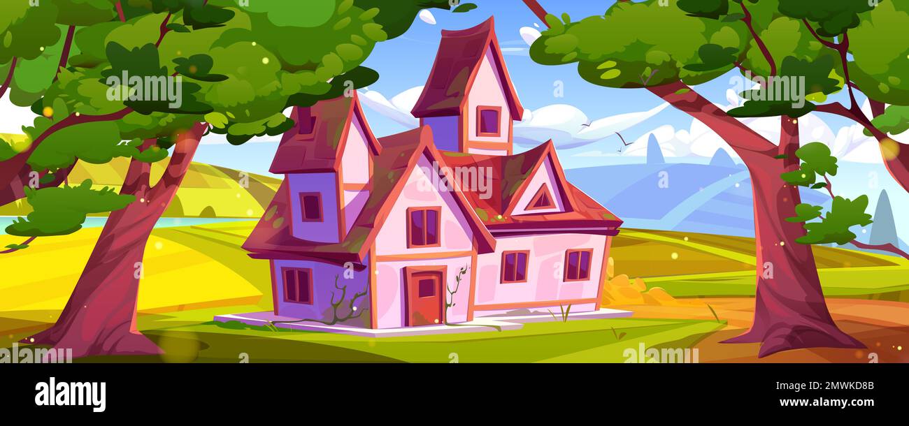 Summer countryside with house, farm buildings, green field, trees under ...