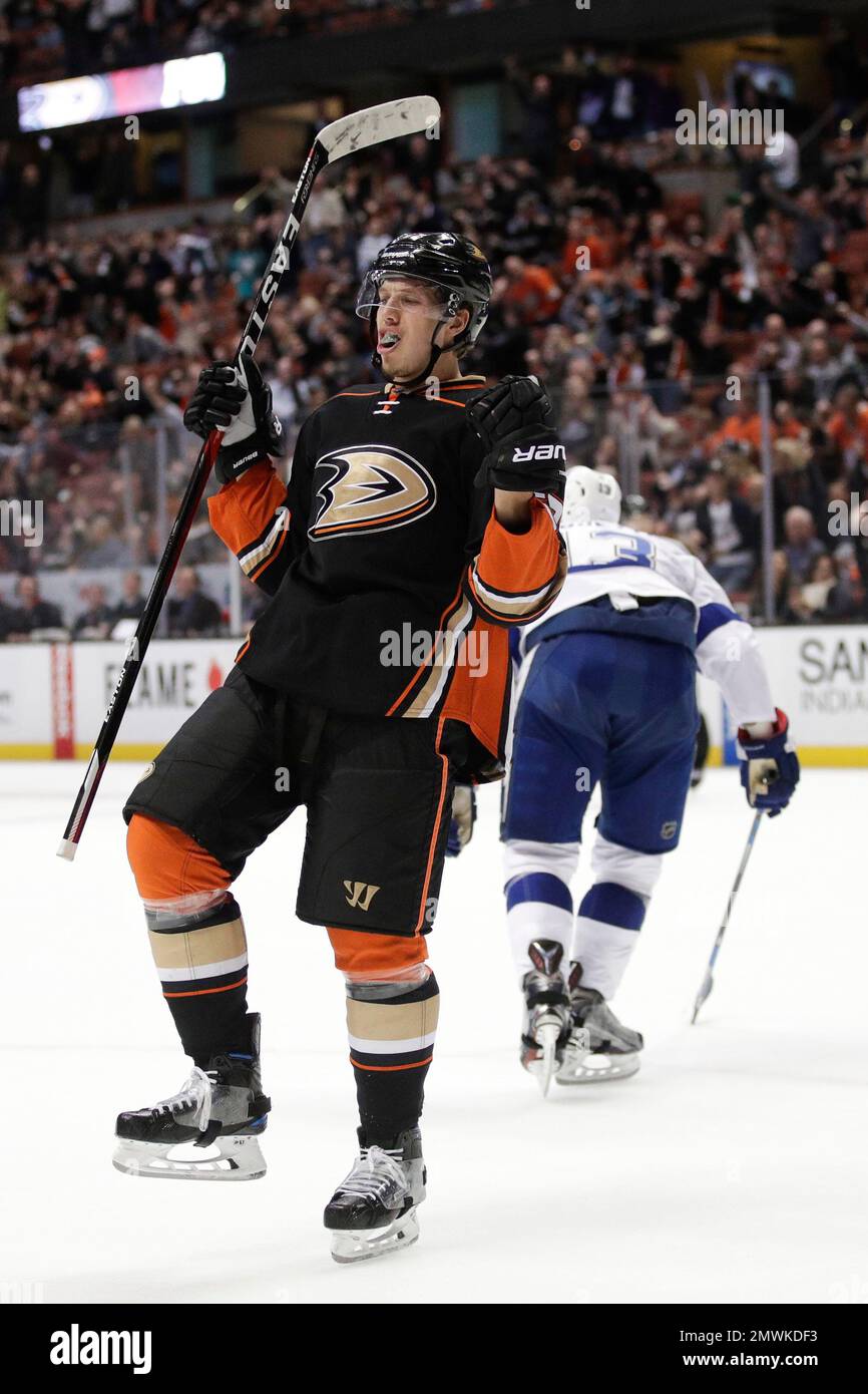 Anaheim Ducks' Rickard Rakell, of Sweden, celebrates his goal in ...
