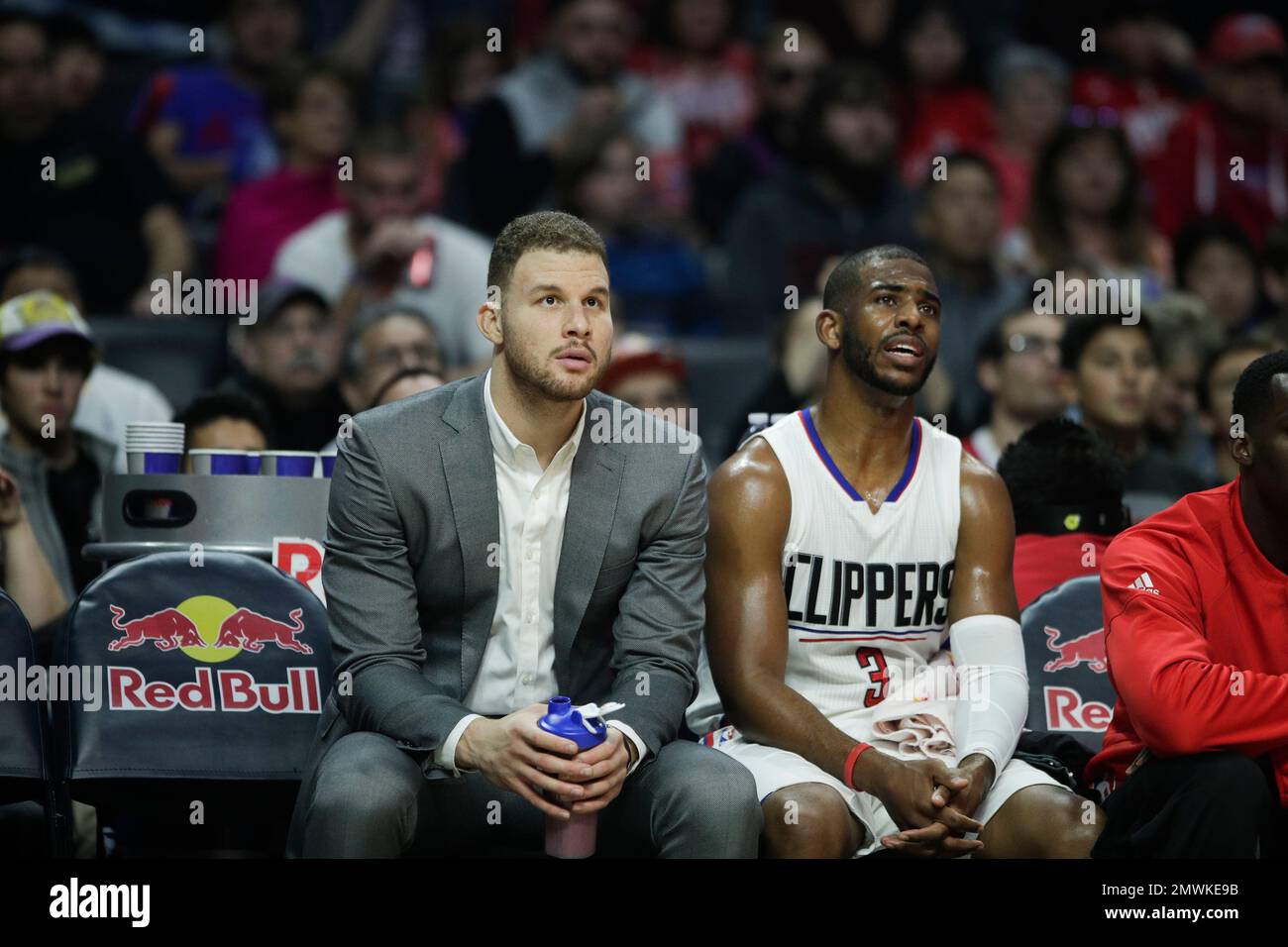 Los Angeles Clippers' Blake Griffin, left, and Chris Paul watch from ...