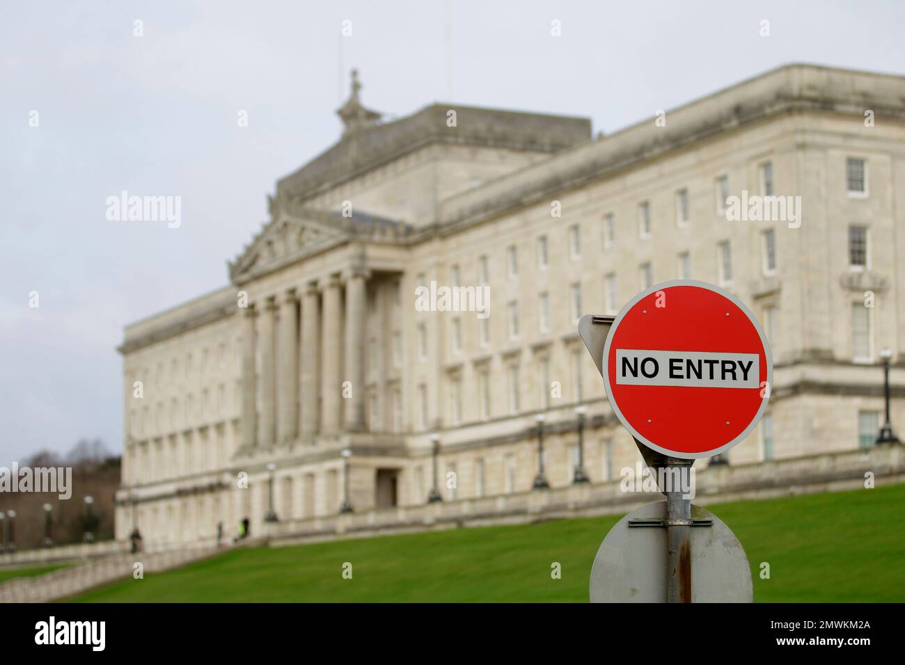 A road sign marking No Entry outside Stormont, Belfast, Northern ...
