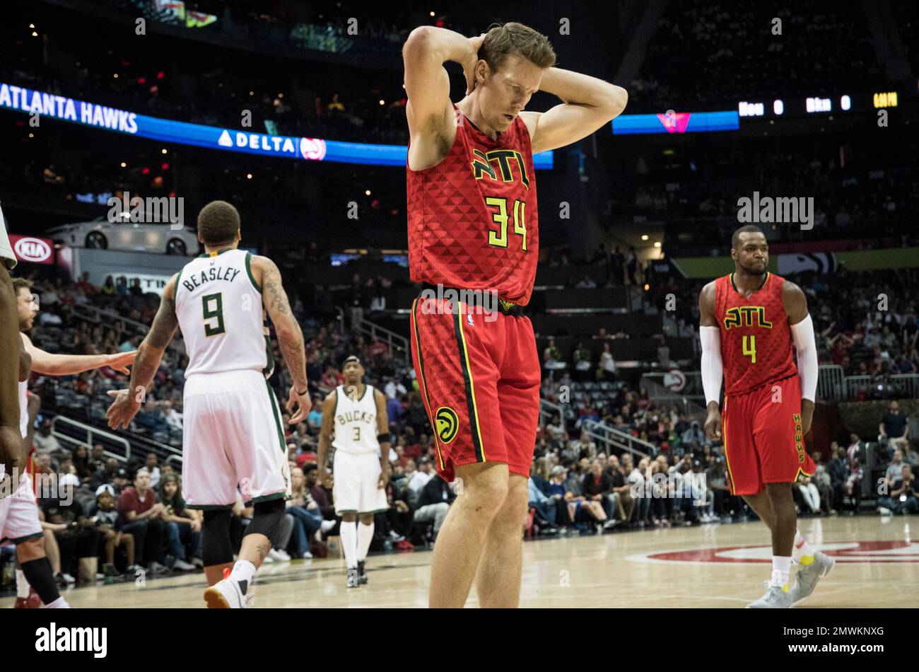 Atlanta Hawks' Mike Dunleavy (34) reacts after fouling Milwaukee Bucks ...