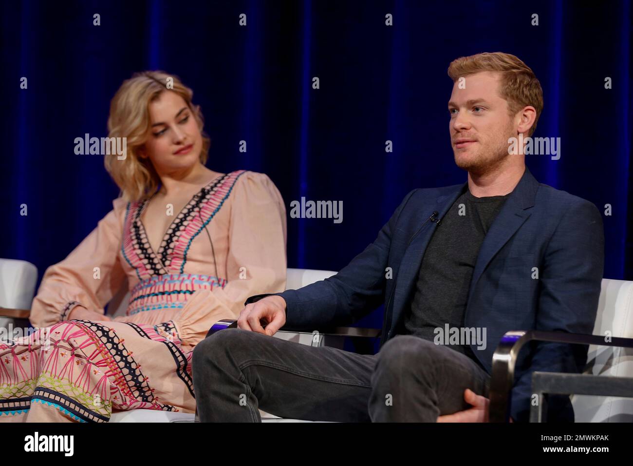 Stefanie Martini, left, and Sam Reid speak at the PBS's Masterpiece series "Prime Suspect" panel ...