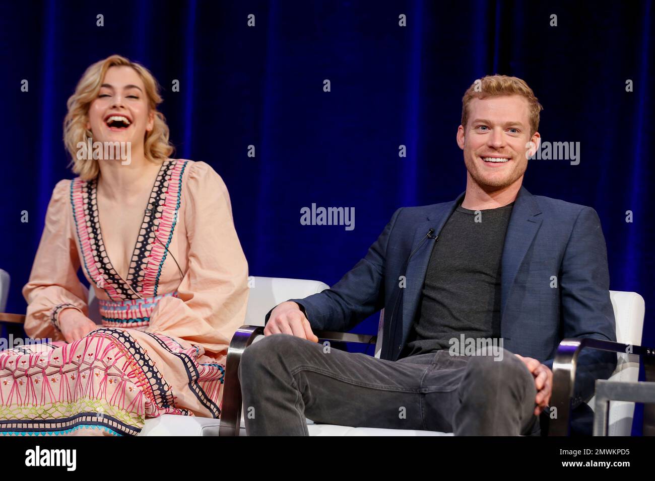 Stefanie Martini, left, and Sam Reid speak at the PBS's Masterpiece series "Prime Suspect" panel ...