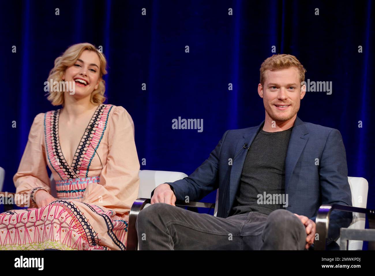 Stefanie Martini, left, and Sam Reid speak at the PBS's Masterpiece series "Prime Suspect" panel ...