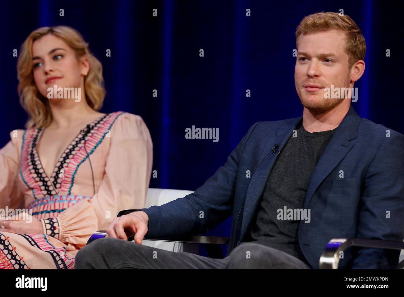 Stefanie Martini, left, and Sam Reid speak at the PBS's Masterpiece series "Prime Suspect" panel ...