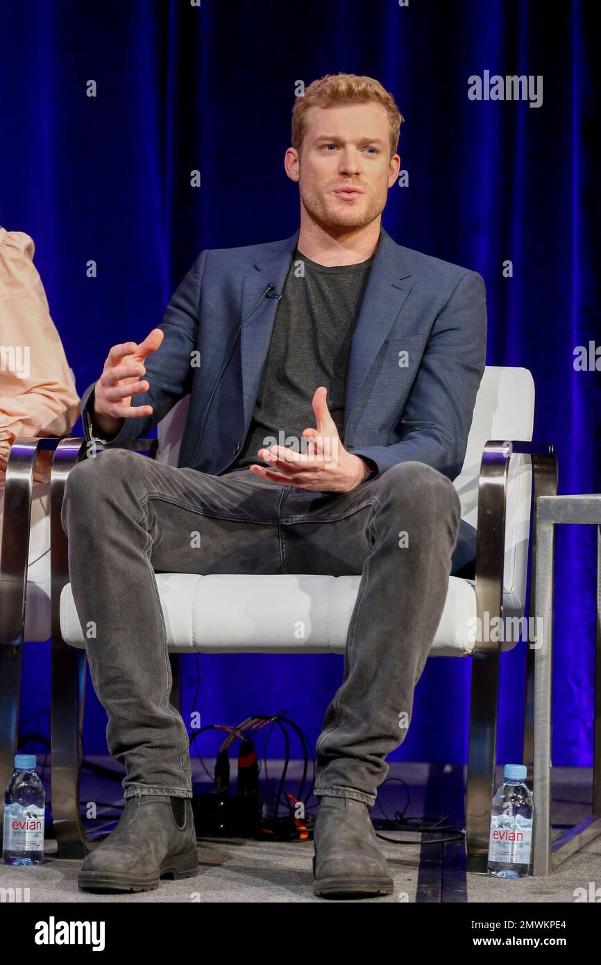 Sam Reid speaks at the PBS's Masterpiece series "Prime Suspect" panel at the 2017 Television ...