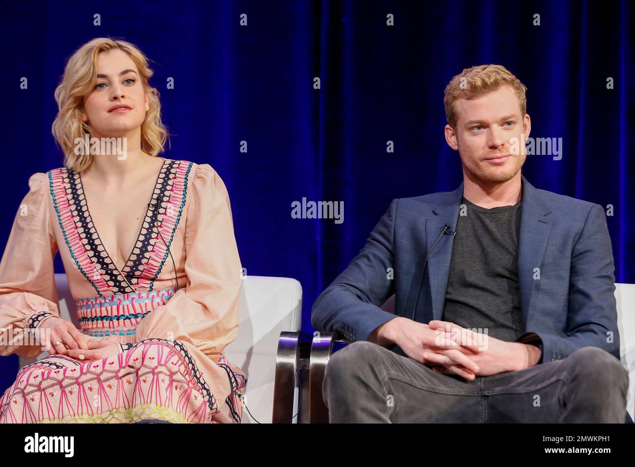 Stefanie Martini, left, and Sam Reid speak at the PBS's Masterpiece series "Prime Suspect" panel ...