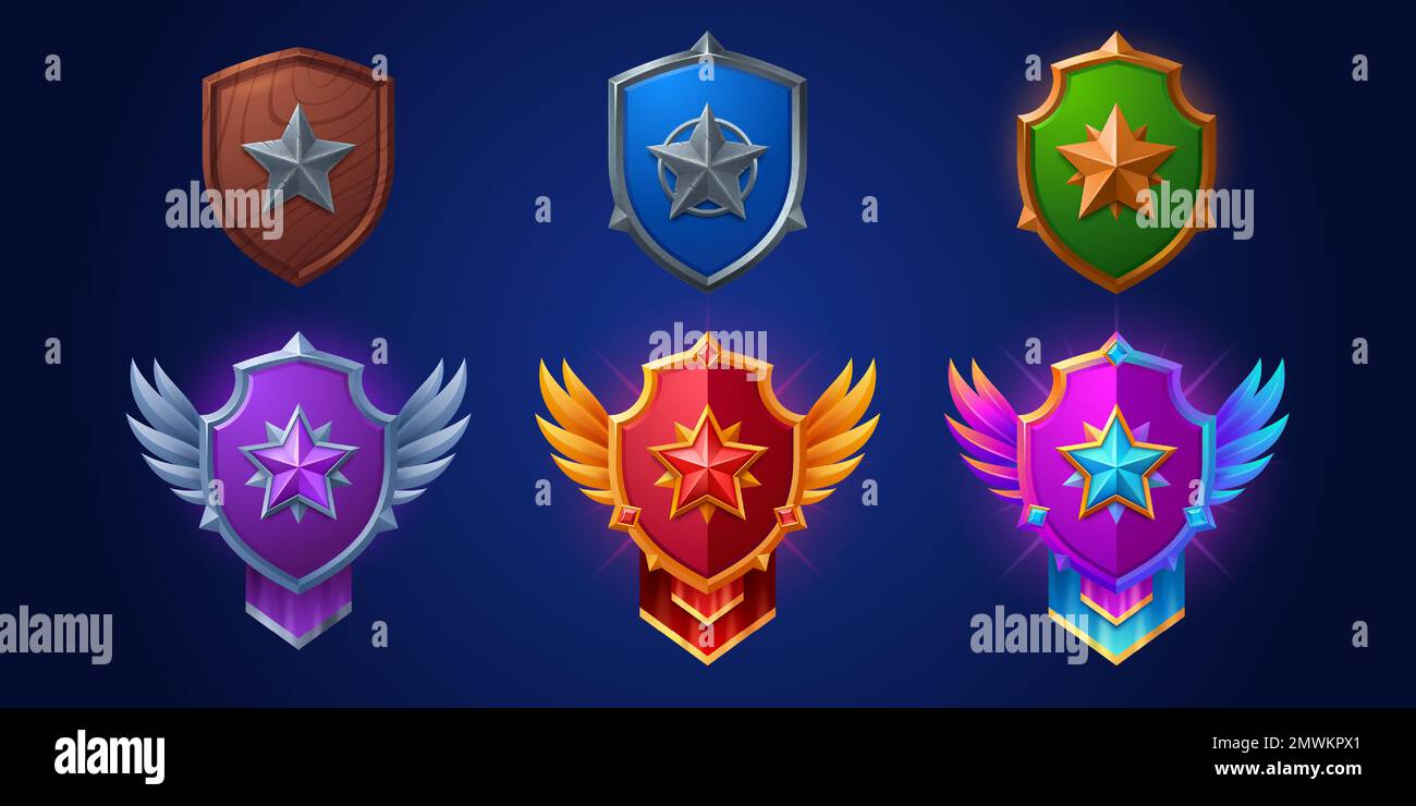 Game ranking badges with shields with star. Level achievement icons ...