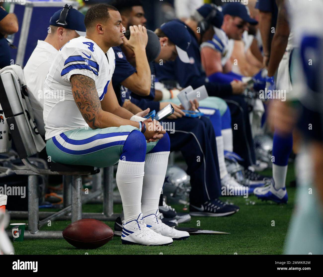 Dallas Cowboys' Dak Prescott on the bench during the first half of an ...