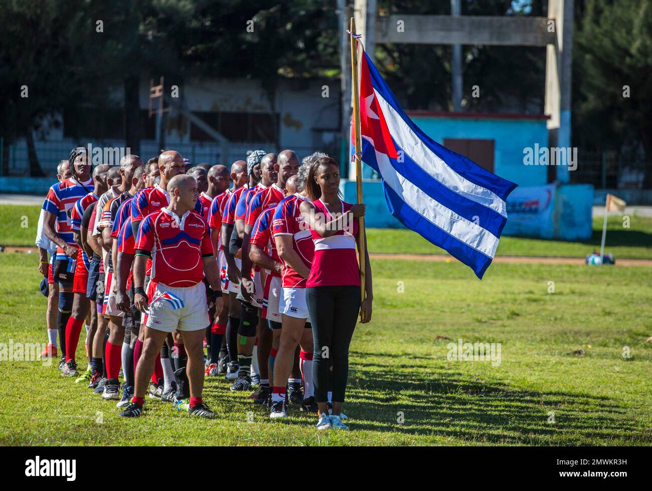 Cuba's rugby team "Indios del Caribe" stand on the pitch before their ...