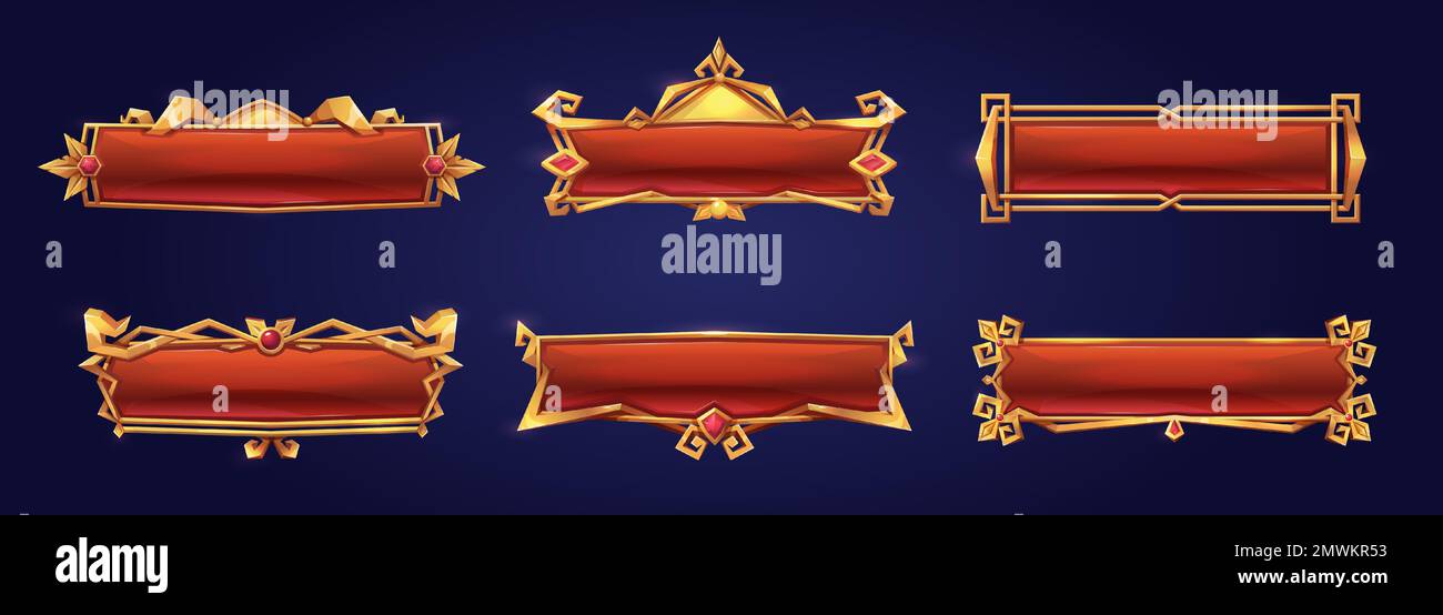 Medieval buttons, ui game menu elements, red oblong banners and gold ornate rims. Empty royal ...