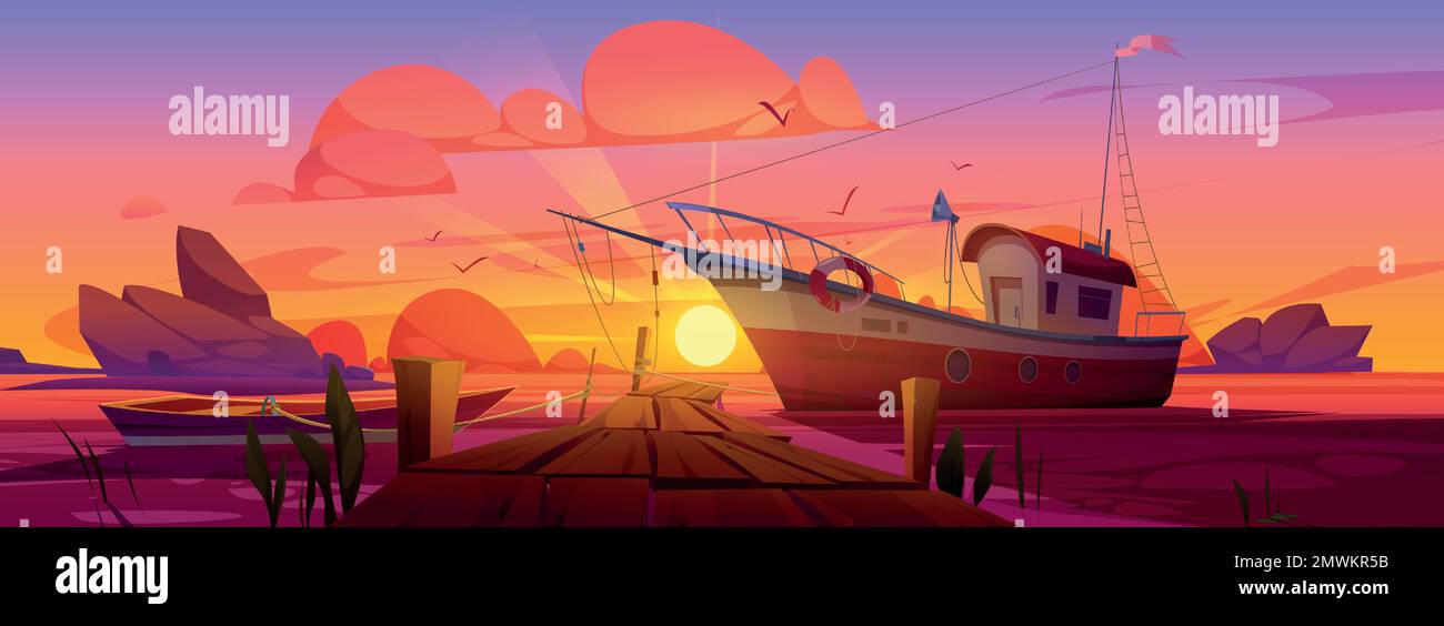 Fishing boats at pier in lake, river or sea harbor. Summer sunset ...