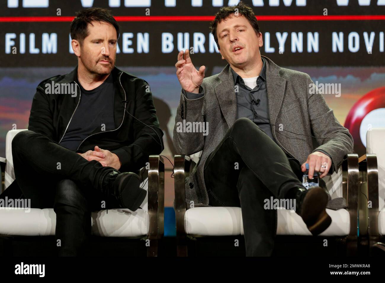 Trent Reznor, left. and Atticus Ross speak at the PBS's "The Vietnam ...