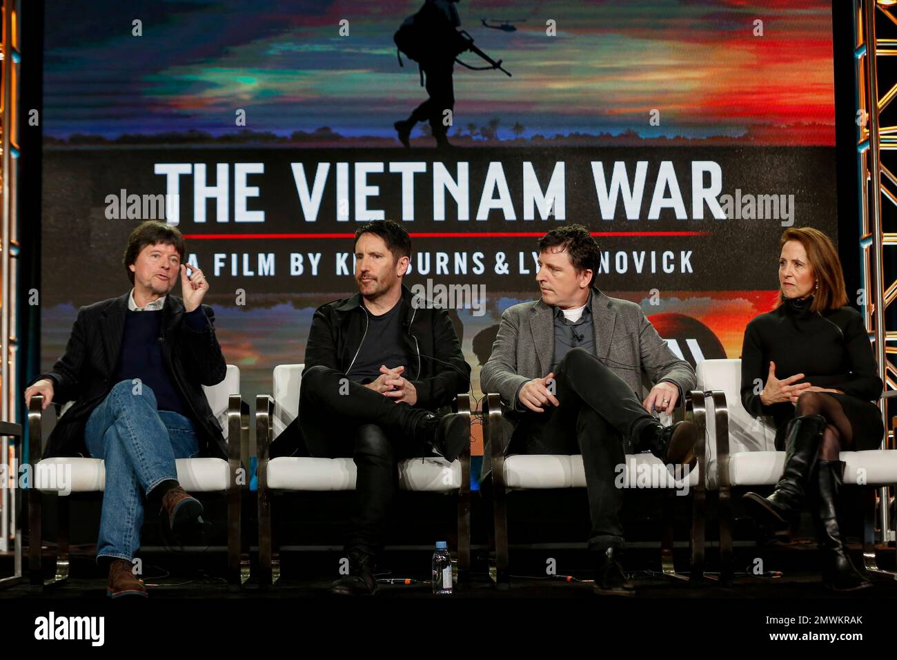 Ken Burns, from left, Trent Reznor, Atticus Ross and Lynn Novick speak ...
