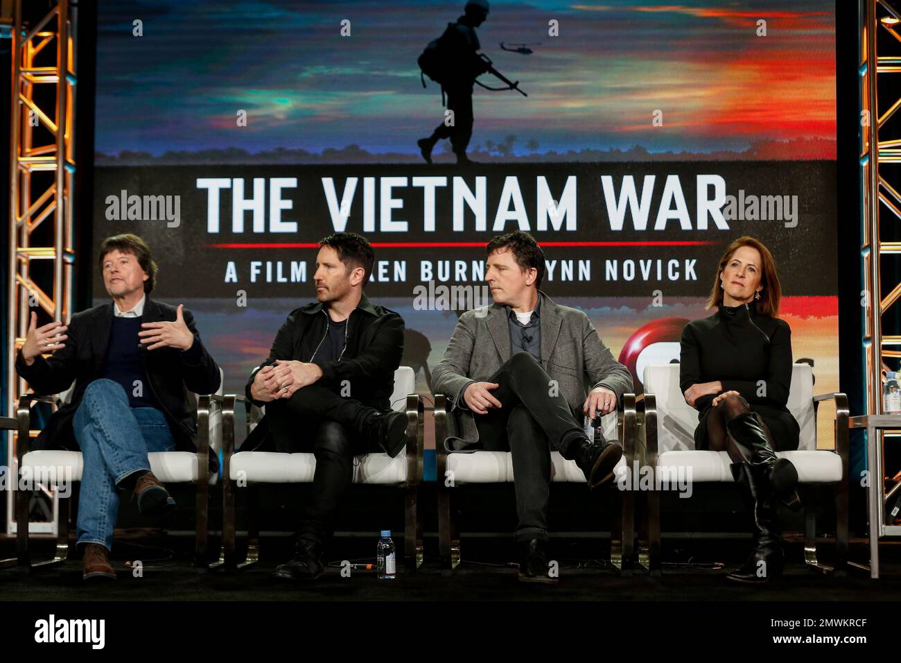 Ken Burns, from left, Trent Reznor, Atticus Ross, and Lynn Novick speak ...
