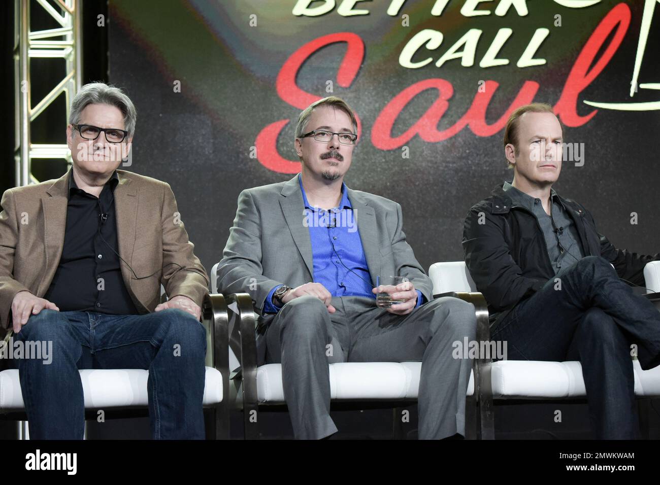 Peter Gould, from left, Vince Gilligan and Bob Odenkirk attend the ...