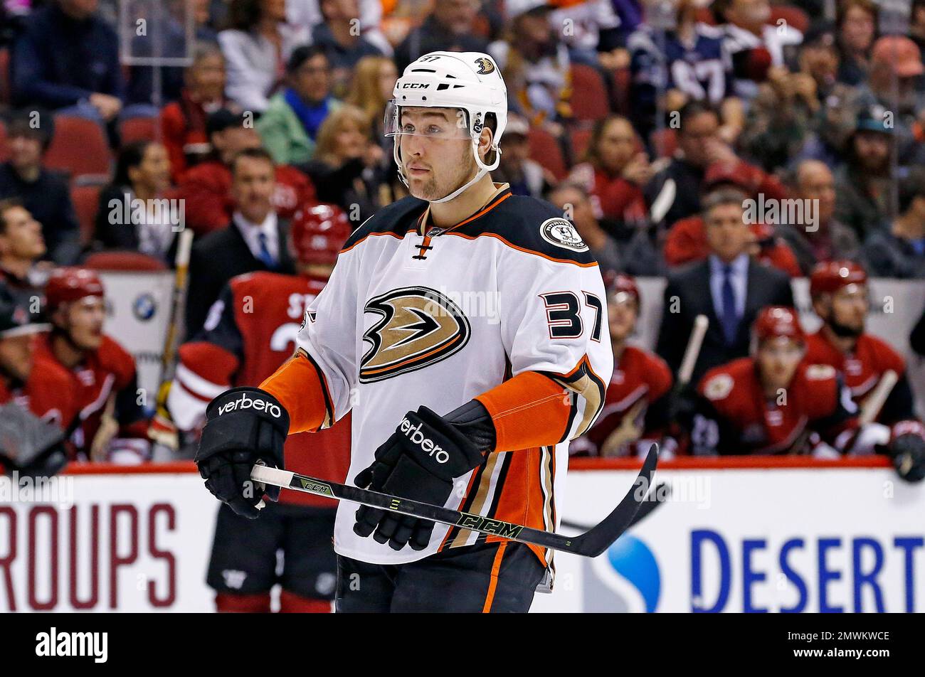 Anaheim Ducks left wing Nick Ritchie (37) pauses on the ice during the ...