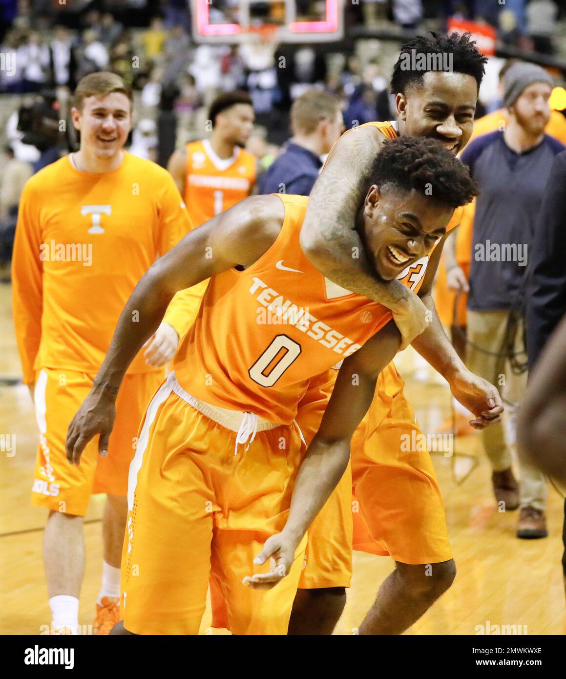 Tennessee guard Jordan Bone (0) is hugged by Jordan Bowden as they ...