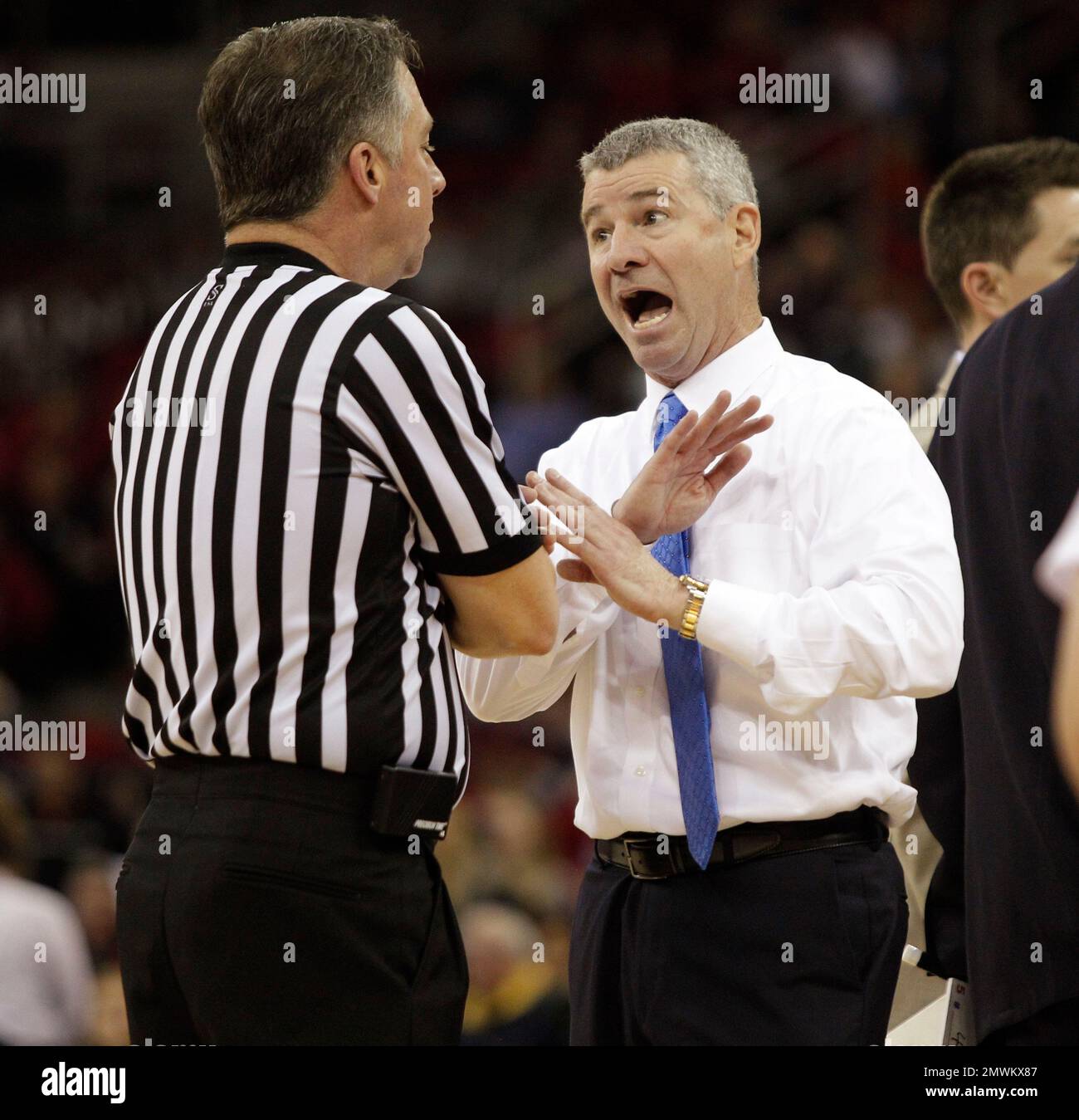 Boise State coach Leon Rice questions an official during the second ...
