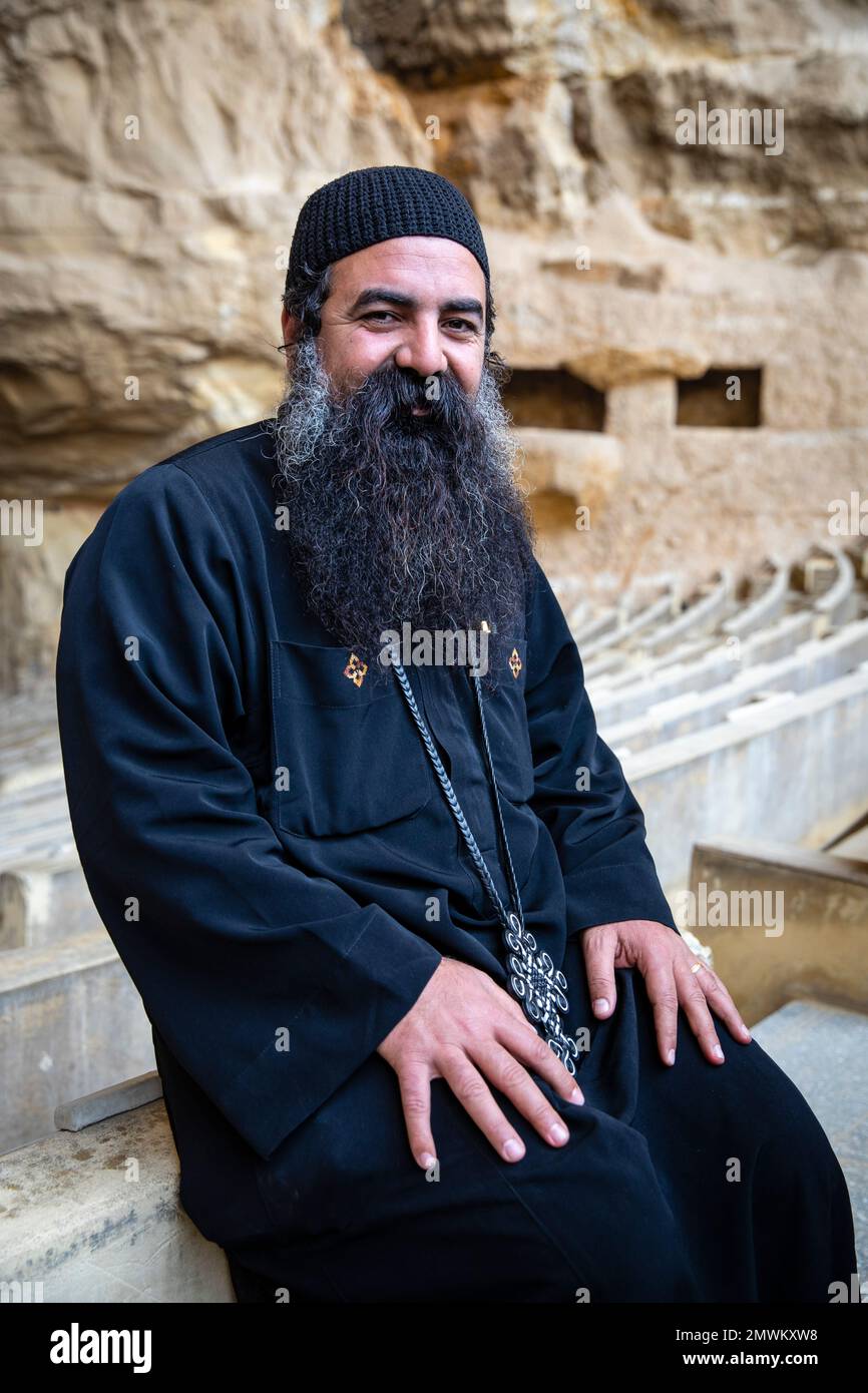 Coptic priest at Saint Simon Monastery, Egypt's Cave Church, Zabbaleen (Garbage) City, Cairo ...
